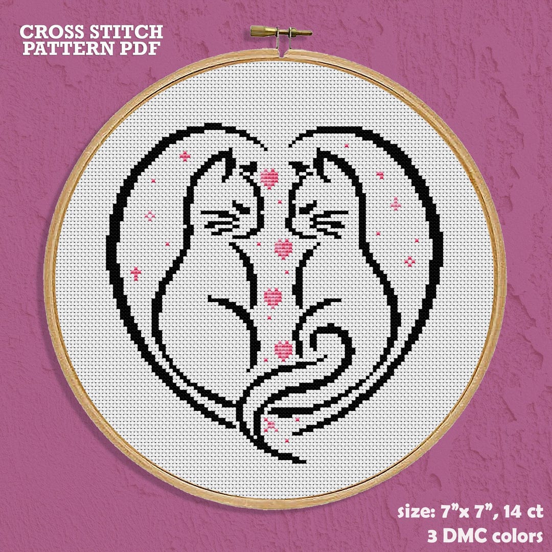 Cats in Love Cross Stitch Pattern – Valentine's Day Heart Embroidery ...