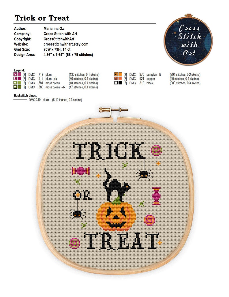 Trick or Treat Halloween Cross Stitch Pattern, Easy Embroidery (PDF ...