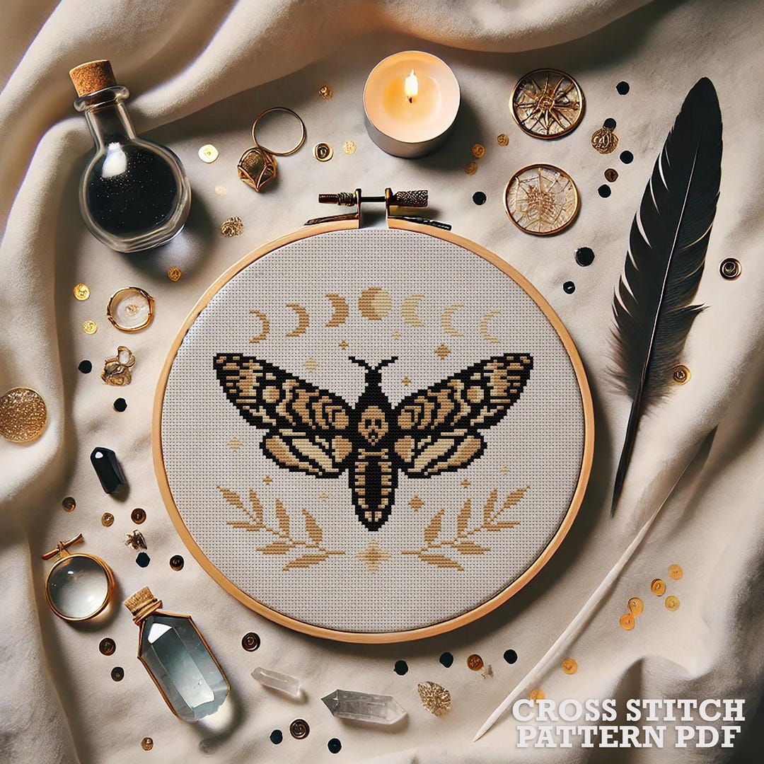Mystical Moth Cross Stitch Pattern. Deadhead Butterfly Cross Stitch PDF. Moon Phases Cross ...