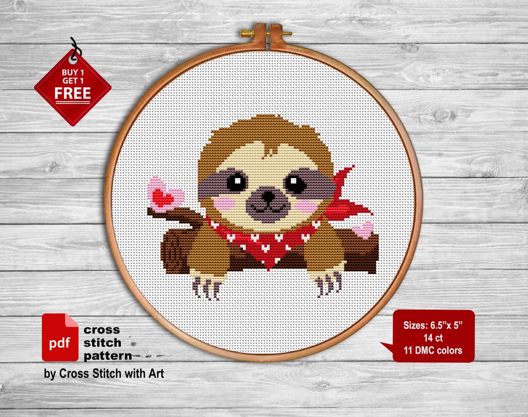 Sloth Cross Stitch Pattern. Valentines Cross Stitch PDF. Easy Cross ...