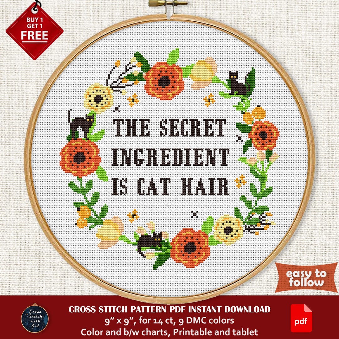 Sassy Cross Stitch Pattern. Secret Ingredient Cat Hair Cross Stitch PDF ...
