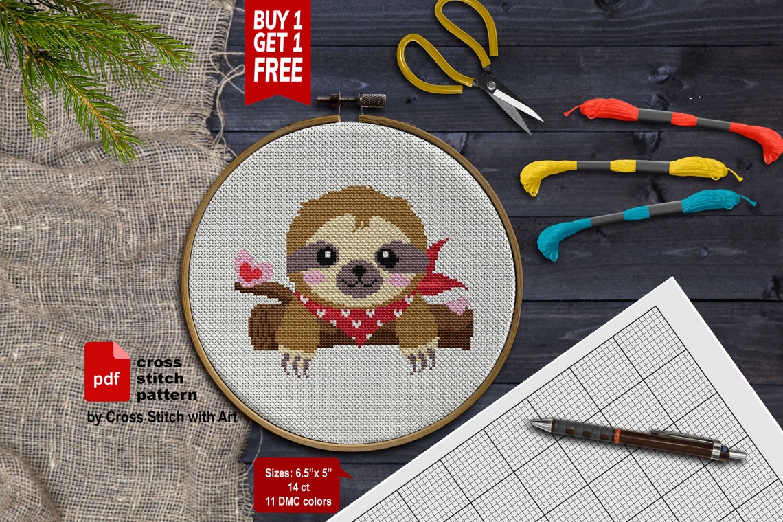 Sloth cross stitch pattern. Valentines cross stitch PDF. Easy | Etsy