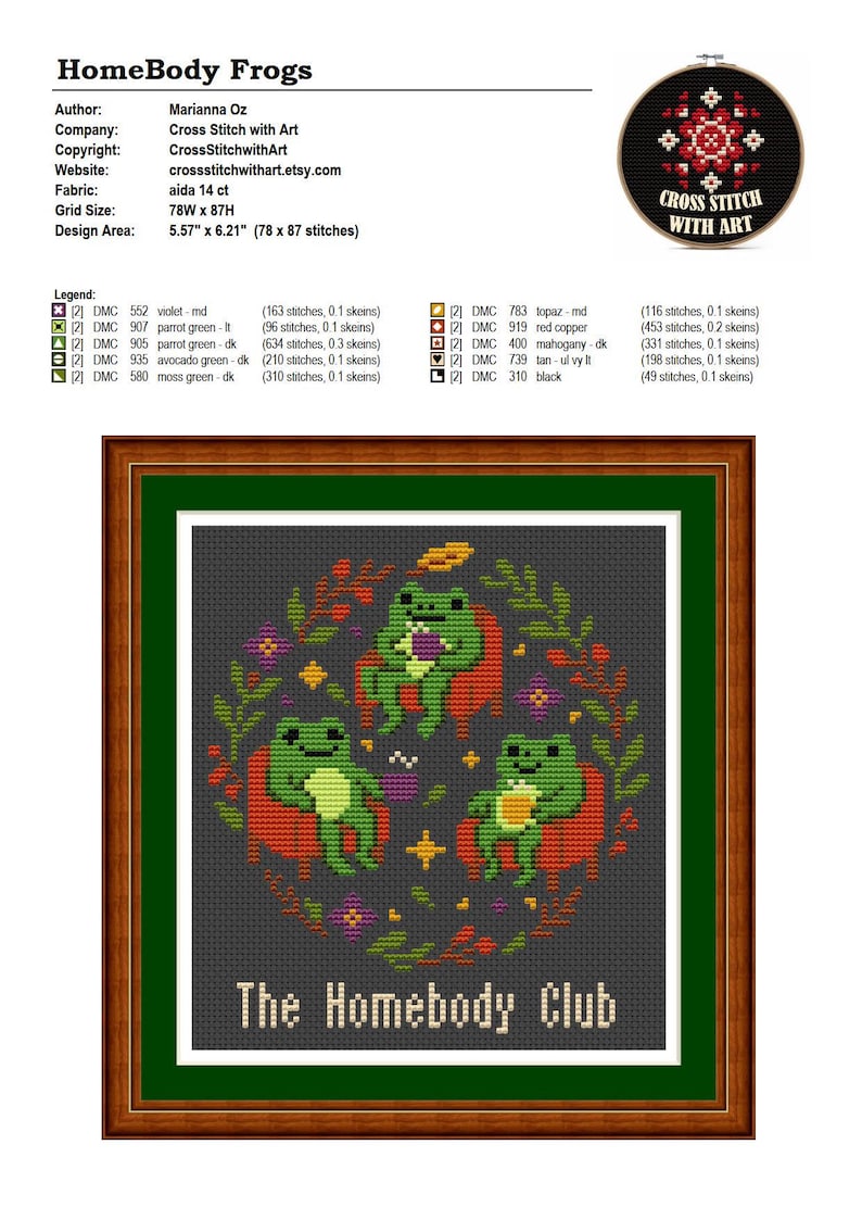 Cute Frogs Cross Stitch Pattern, Homebody Club Quote (PDF) - Etsy