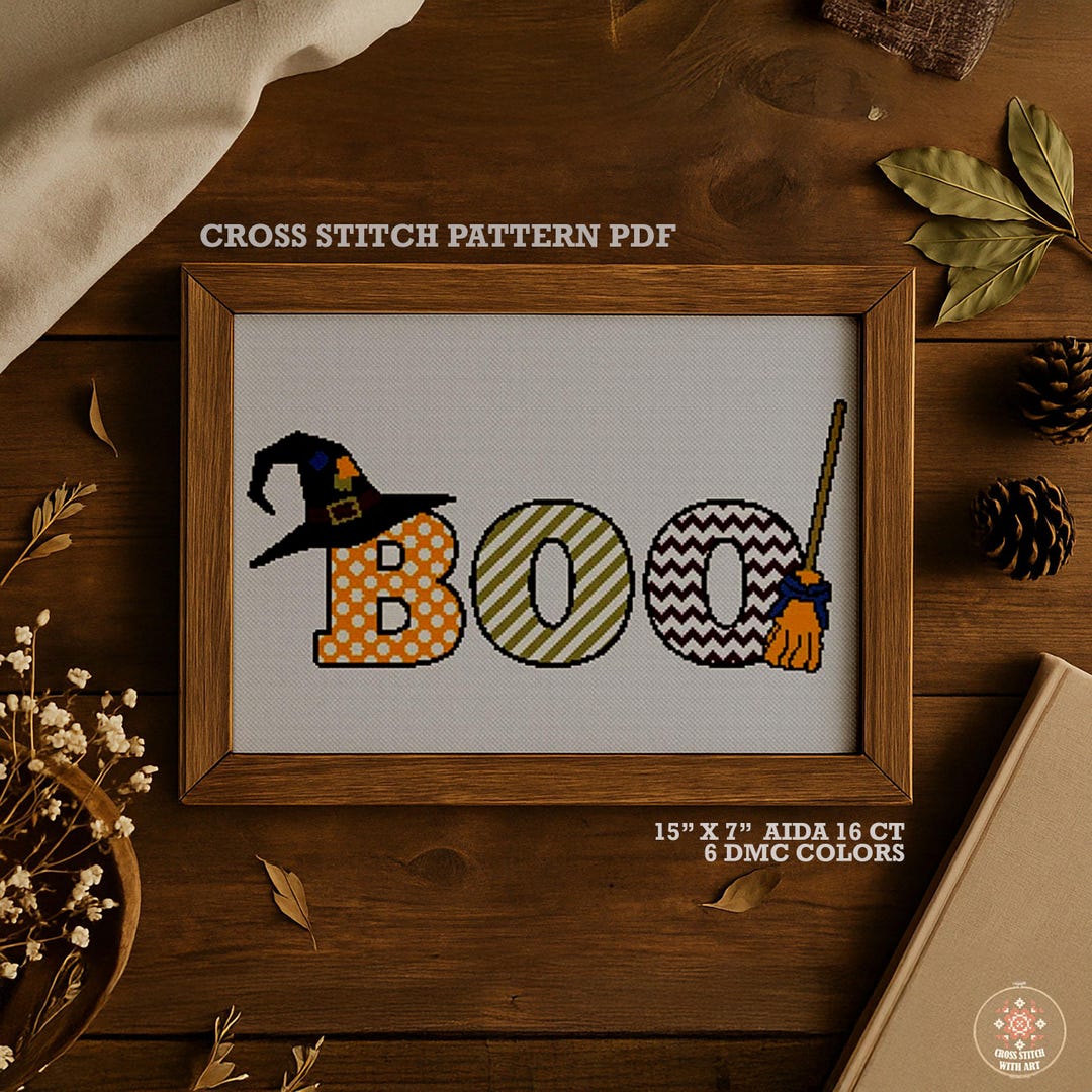 Funny Halloween Boo Cross Stitch Pattern, Witch Hat Broom Embroidery ...