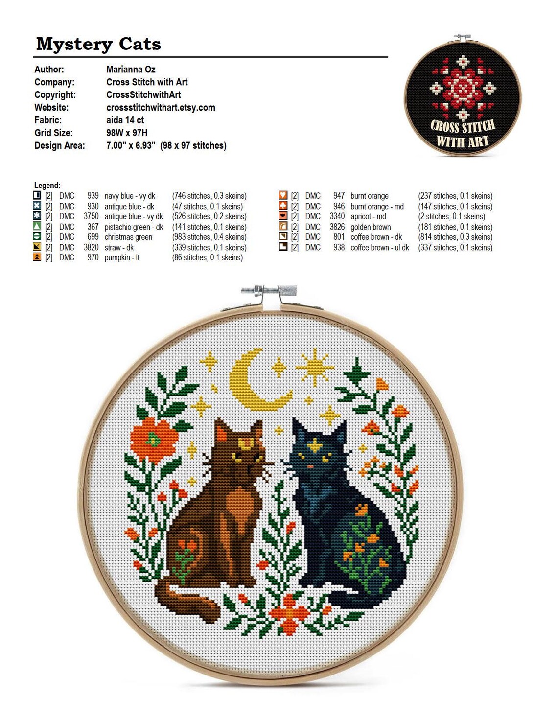 Celestial Cats Cross Stitch Pattern – Witchy Floral Design (PDF) - Etsy