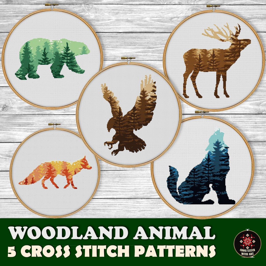Woodland Animals Cross-stitch Patterns PDF Set Fox, Deer, Hawk, Bear ...