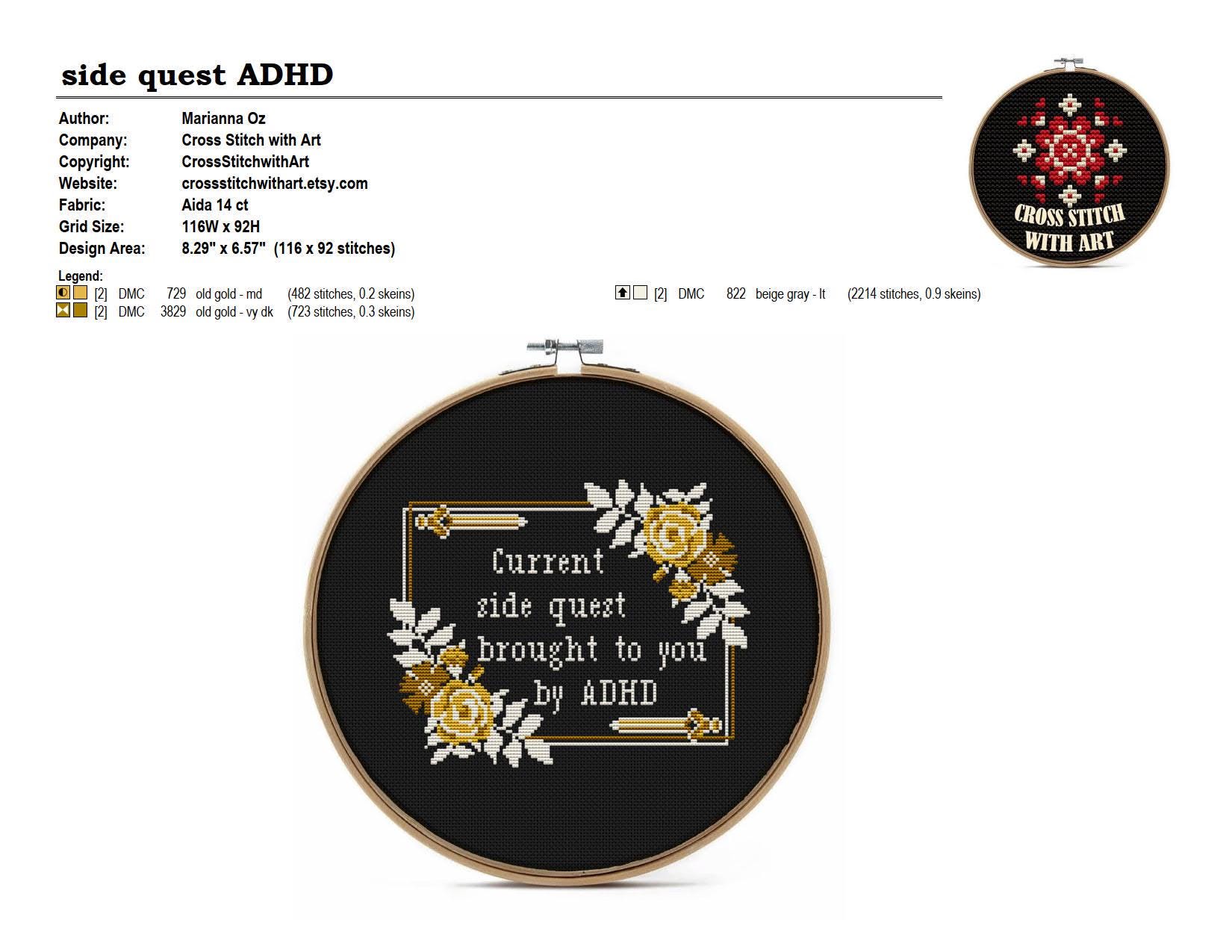 ADHD Side Quest Cross Stitch Pattern PDF – Funny Mental Health ...