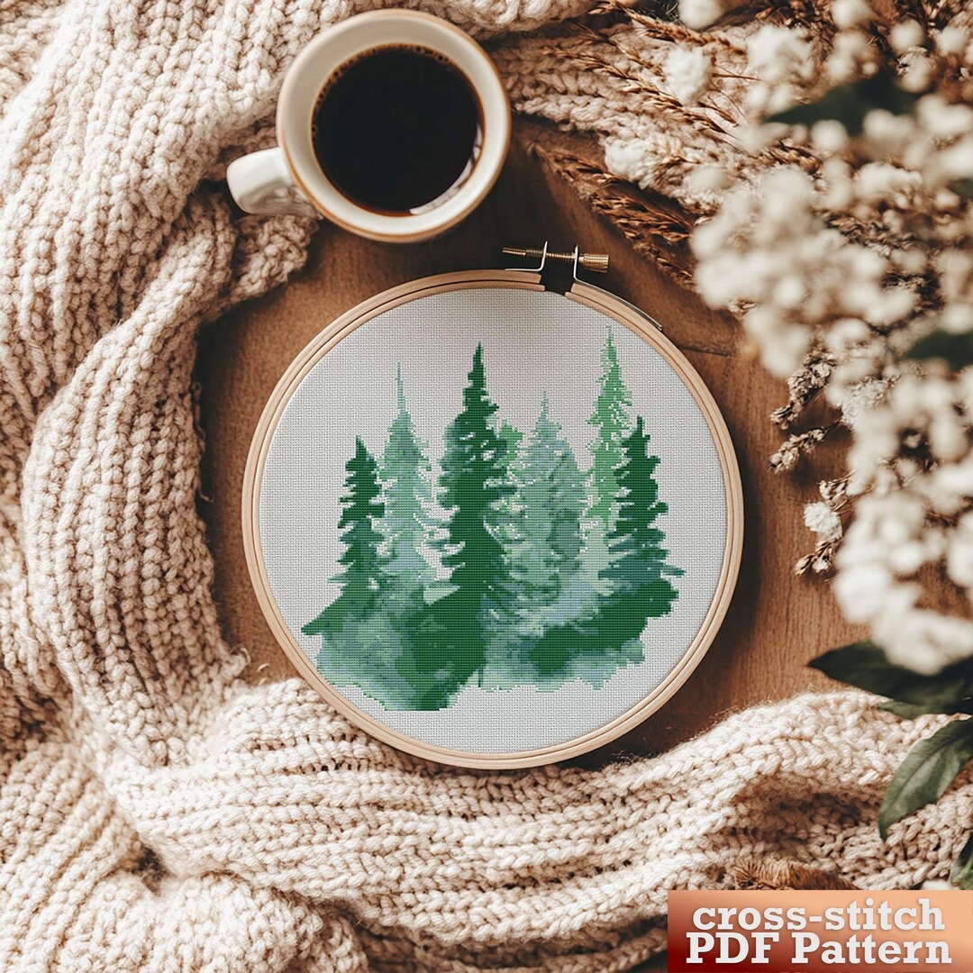 Watercolor Forest Cross Stitch Pattern, Modern Landscape (PDF Pattern ...