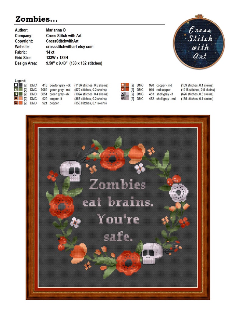 Funny Zombie Cross Stitch Pattern - Halloween Skull Embroidery (PDF ...