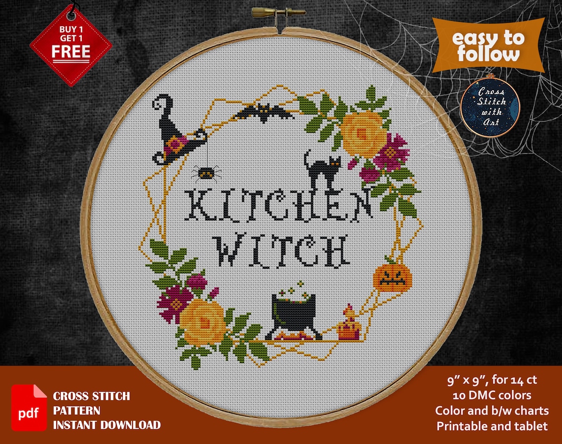 Kitchen Witch Cross Stitch Pattern. Hallowwen Cross Stitch PDF. Modern ...