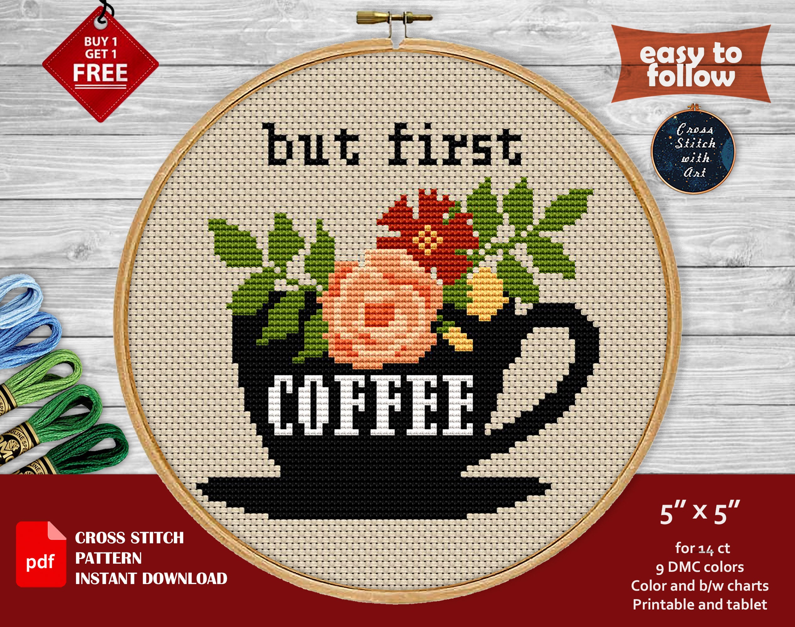 But First Coffee Cross Stitch Pattern, Floral Coffee Cup (PDF) - Etsy