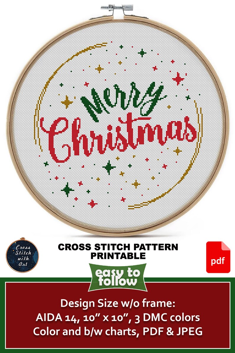 Merry Christmas Cross Stitch Pattern – Festive Stars Embroidery (PDF ...
