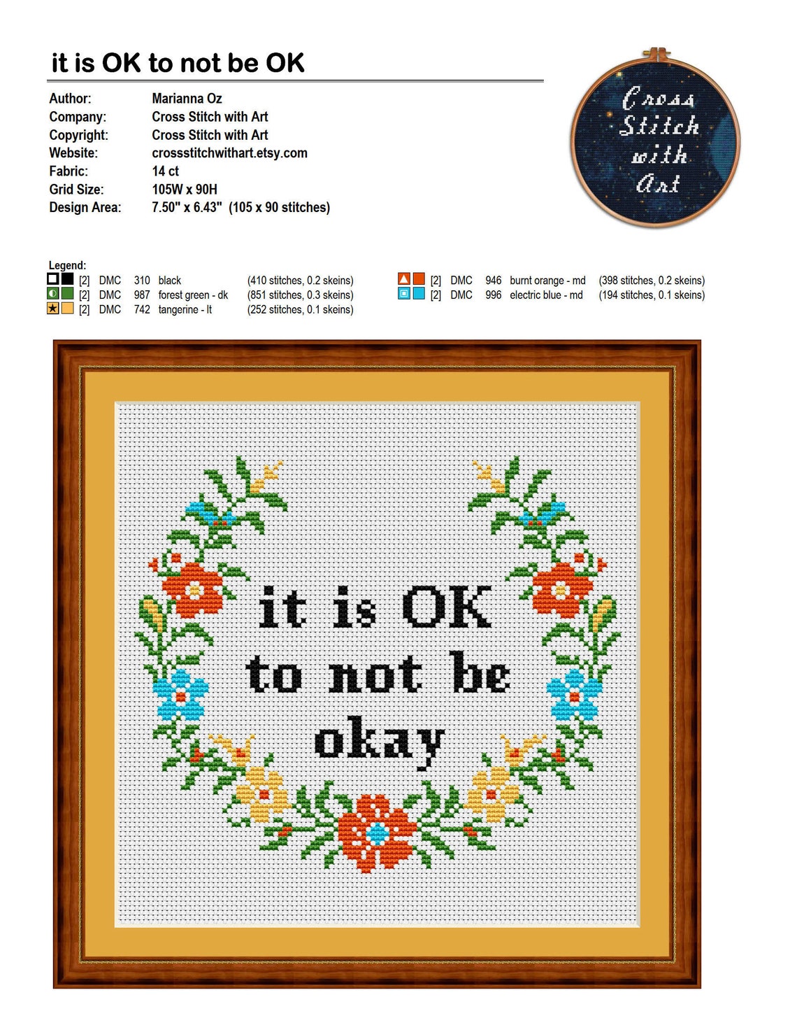 Mental Health Cross Stitch Pattern. It is OK to Not Be OK. | Etsy