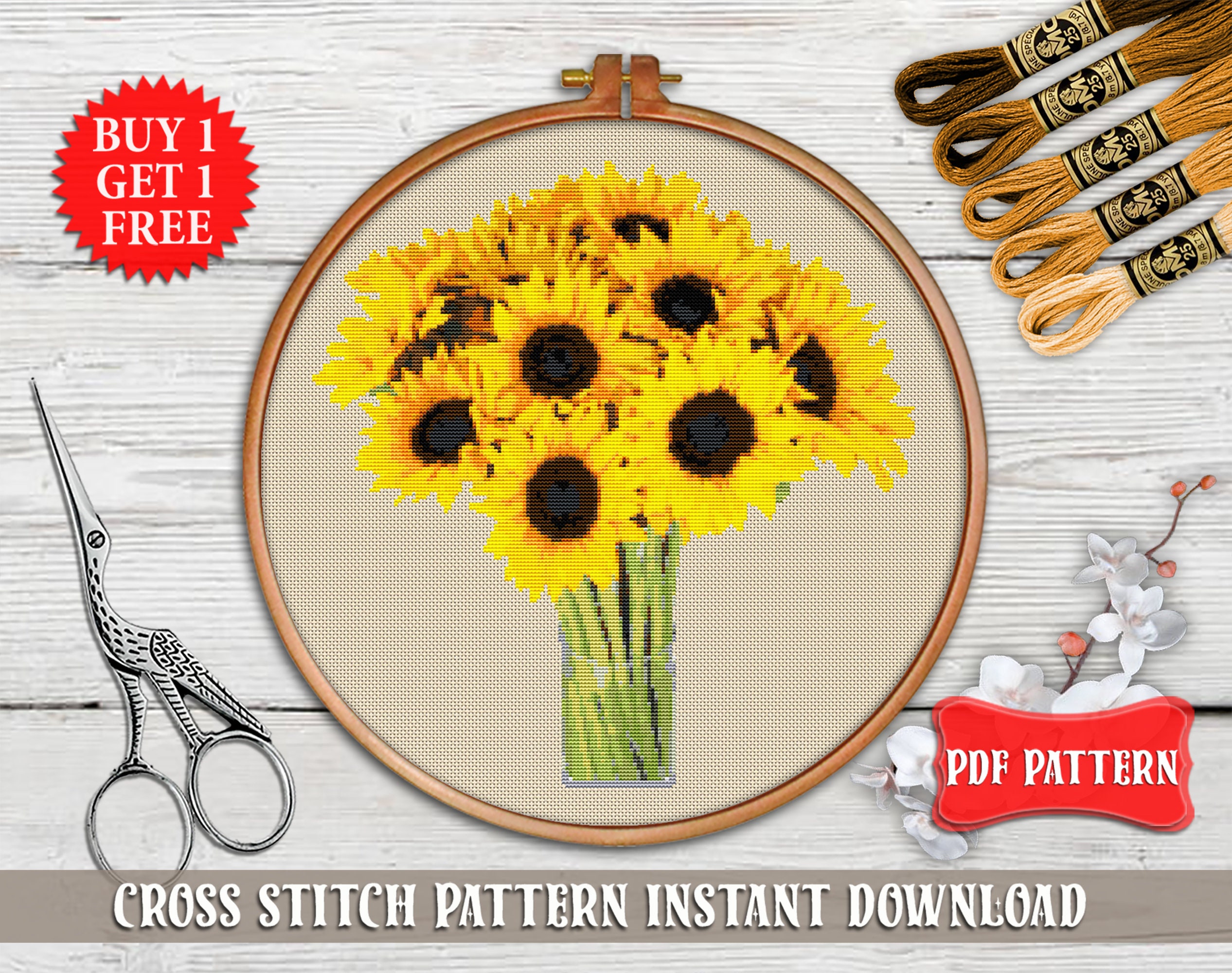 Sunflower Bouquet Cross Stitch Pattern, Floral Embroidery (PDF) - Etsy