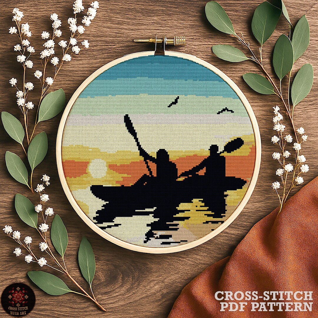 Kayak Sunset Cross Stitch Pattern PDF, Landscape Nature Embroidery ...