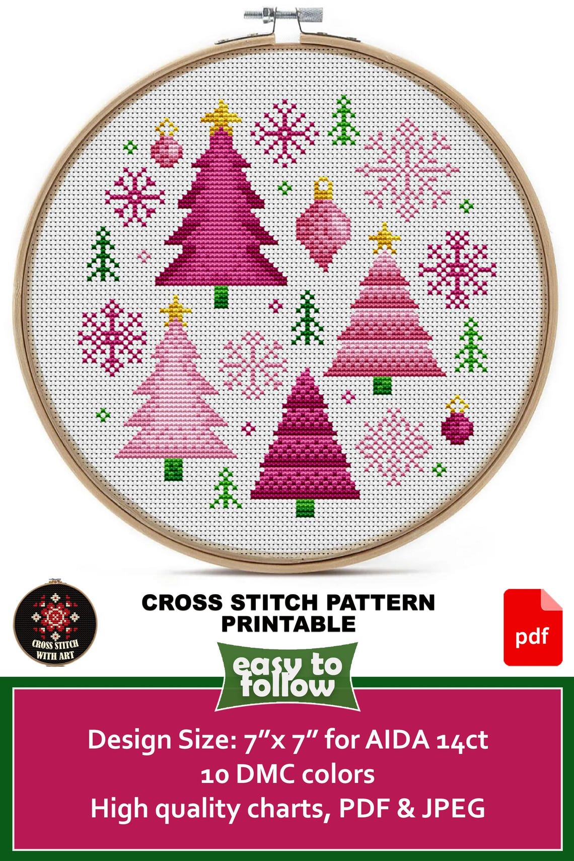 Pink Christmas Tree Cross Stitch Pattern – Festive Baubles, Snowflakes ...