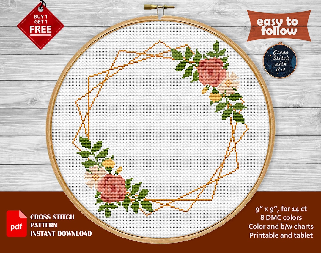 Flower Frame Cross Stitch Pattern. Roses Cross Stitch PDF. Modern Cross ...