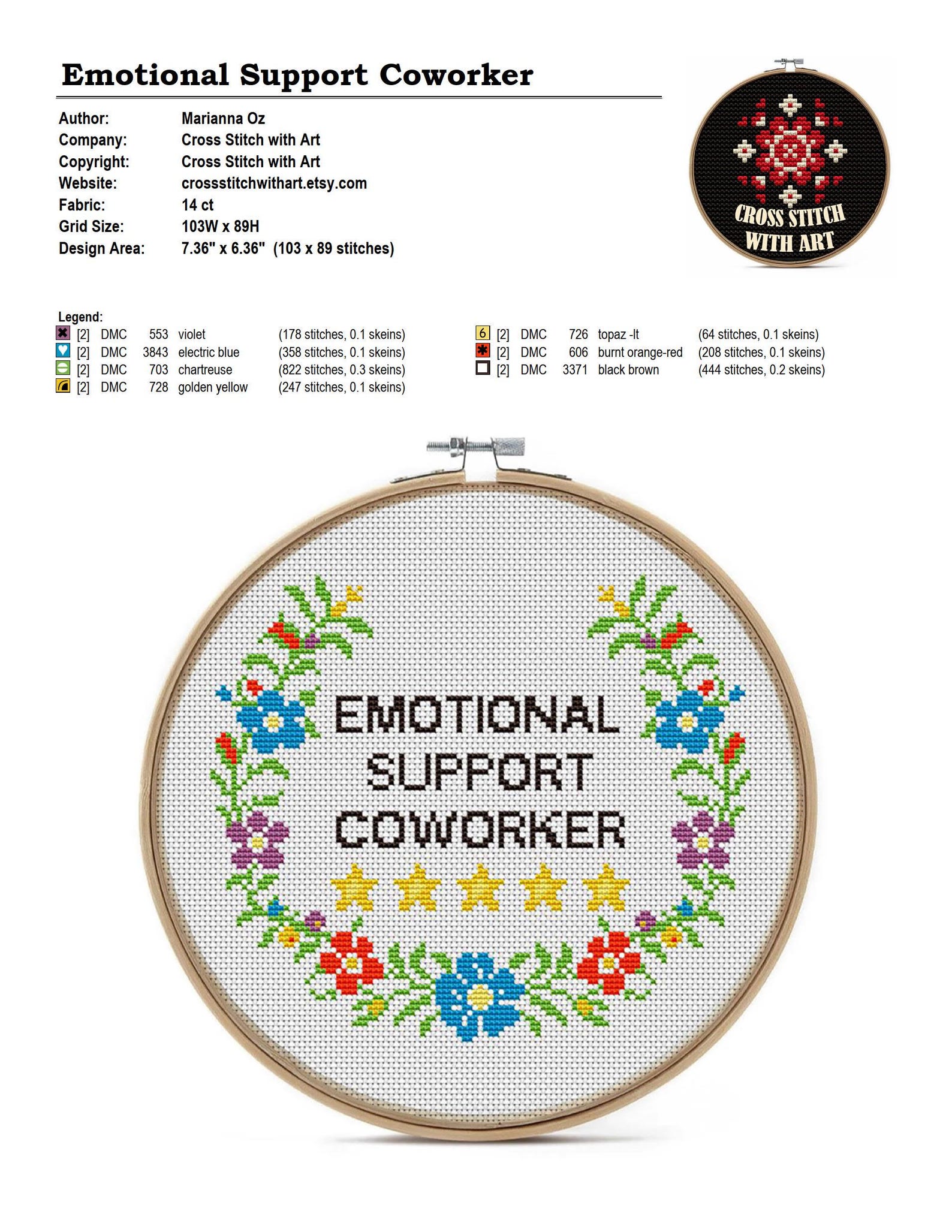 Emotional Support Coworker Cross Stitch Pattern – Floral Embroidery PDF ...