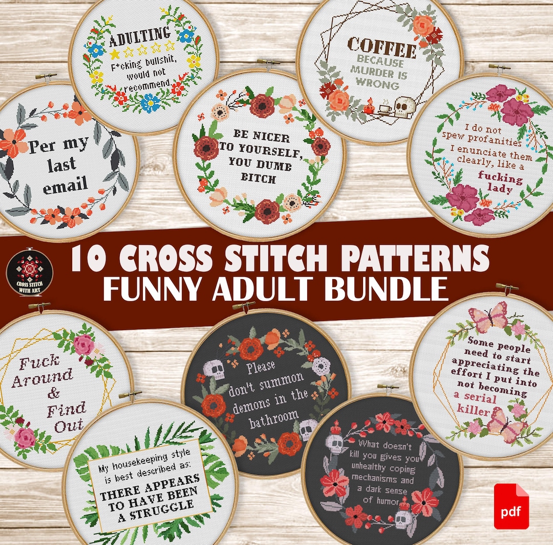 Funny Cross Stitch Patterns PDF Bundle - Sweary & Sarcastic Embroidery ...