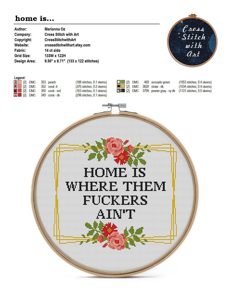 Funny Swearing Cross Stitch Pattern – Home Decor, Floral Frame (PDF ...