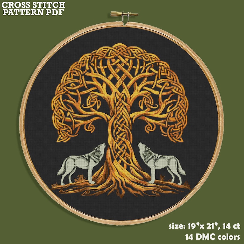 Yggdrasil Cross Stitch Pattern – Celtic Tree of Life Wolf Embroidery ...