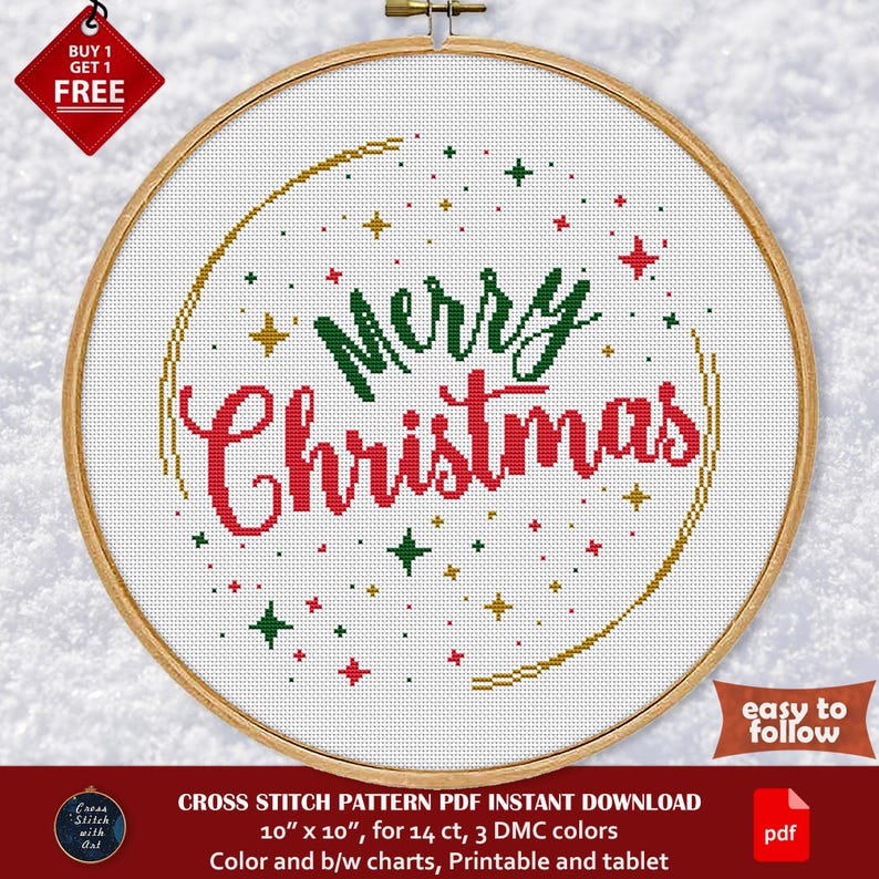 Merry Christmas Cross Stitch Pattern – Festive Stars Embroidery (PDF ...