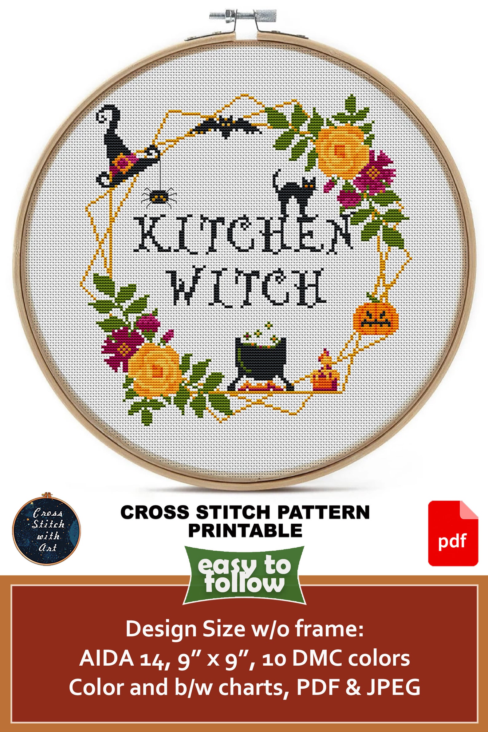 Kitchen Witch Cross Stitch Pattern. Hallowwen Cross Stitch PDF. Modern ...