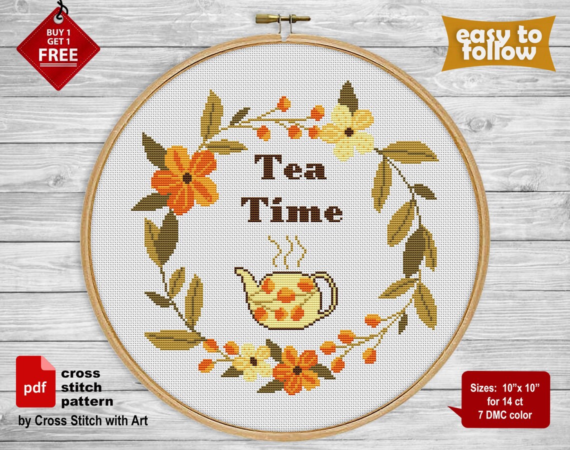 Tea Cross Stitch Pattern. Tea Time Cross Stitch PDF. Modern - Etsy