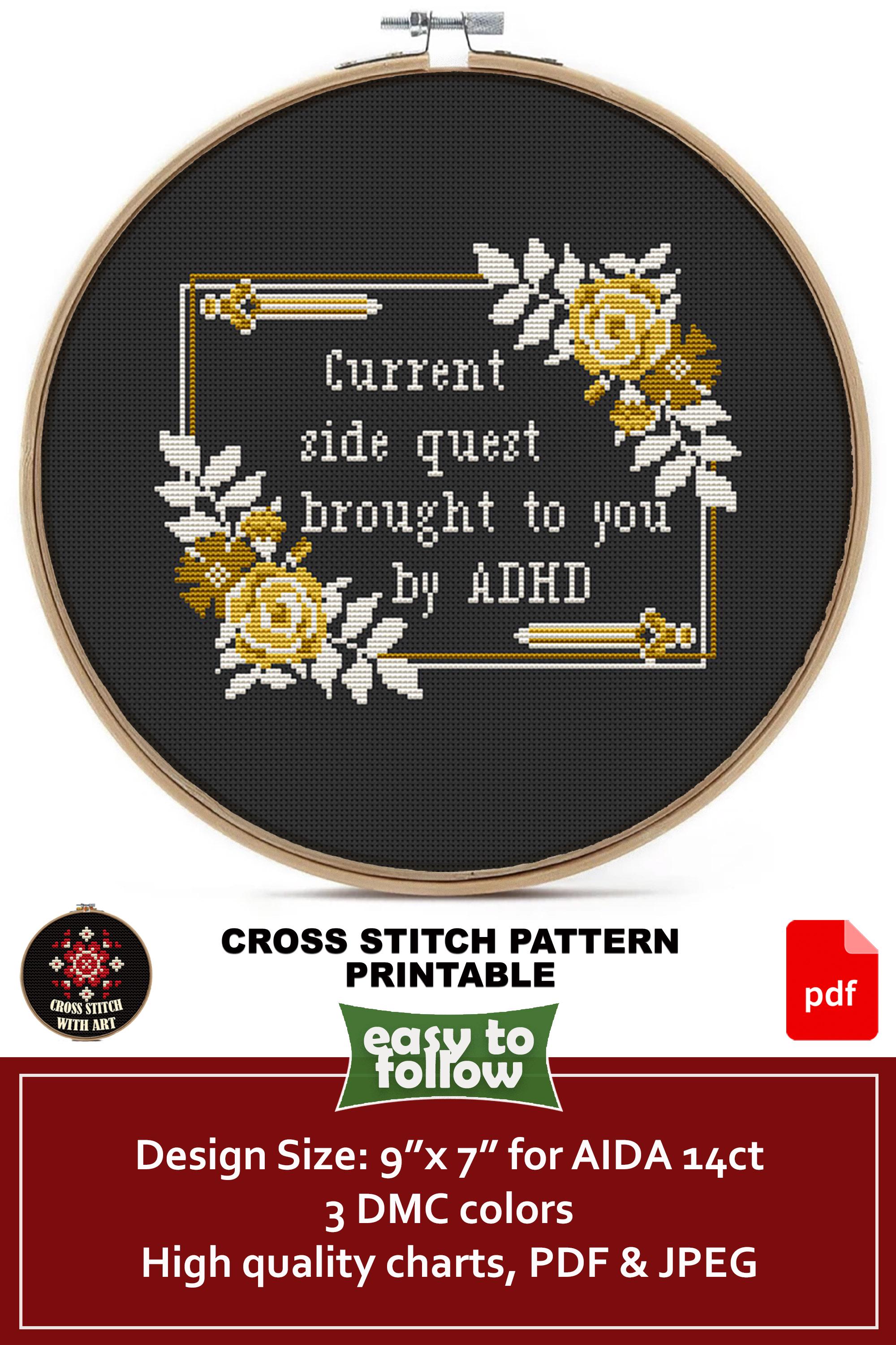 ADHD Side Quest Cross Stitch Pattern PDF – Funny Mental Health ...