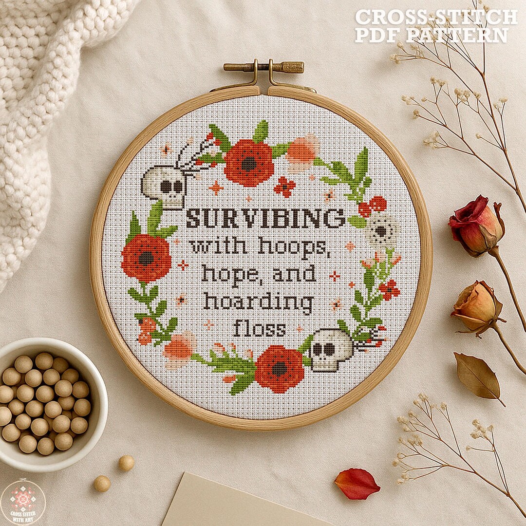 Survibing Cross Stitch Pattern PDF – Funny Skull Floral Quote, Hoops ...