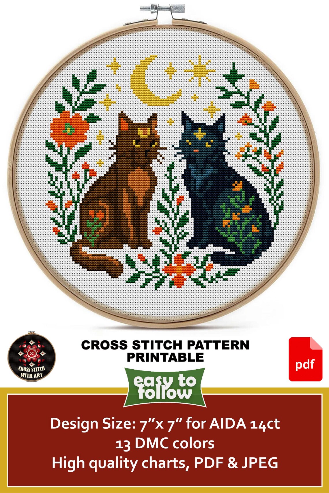 Celestial Cats Cross Stitch Pattern – Witchy Floral Design (PDF) - Etsy