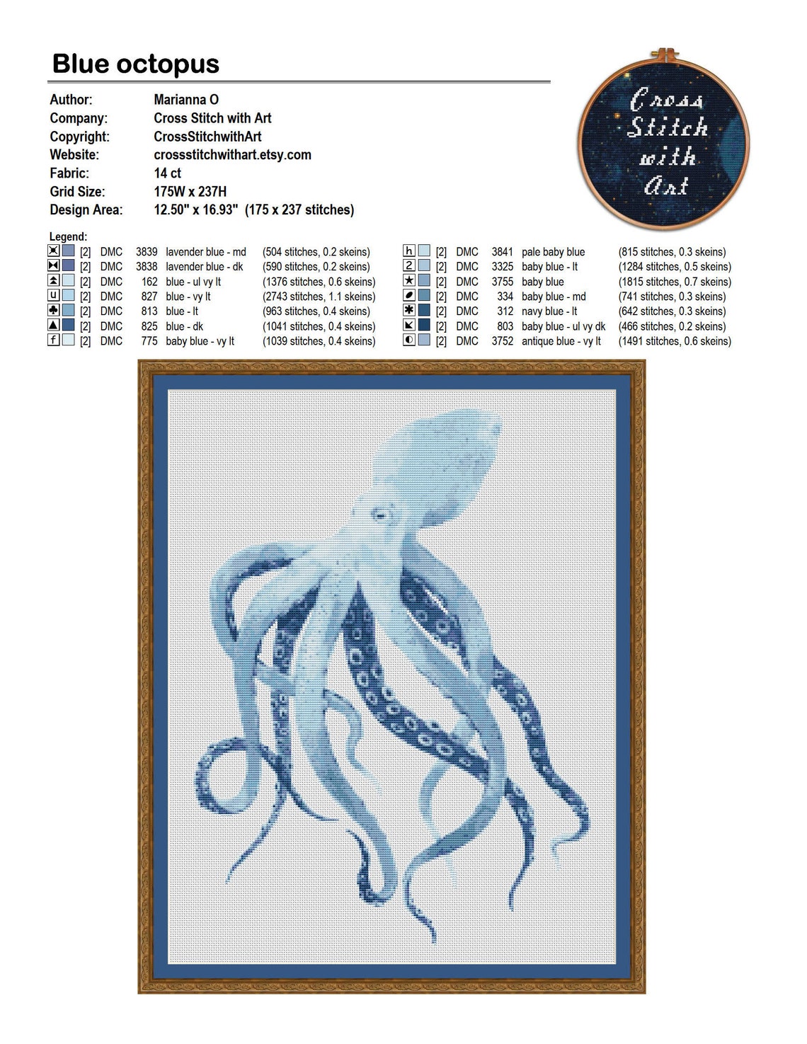 Watercolor Octopus Cross Stitch Pattern, Nautical Kraken (PDF Download ...