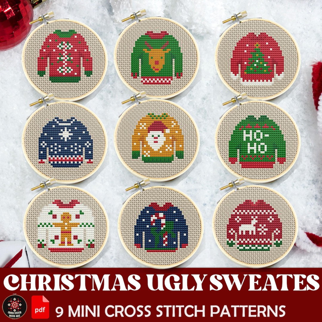 9 Mini Ugly Christmas Sweater Cross Stitch Ornament Patterns PDF - Etsy