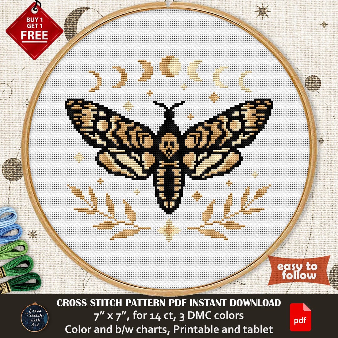 Mystical Moth Cross Stitch Pattern. Deadhead Butterfly Cross Stitch PDF. Moon Phases Cross ...