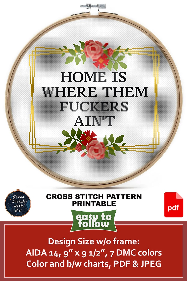 Funny Swearing Cross Stitch Pattern – Home Decor, Floral Frame (PDF ...