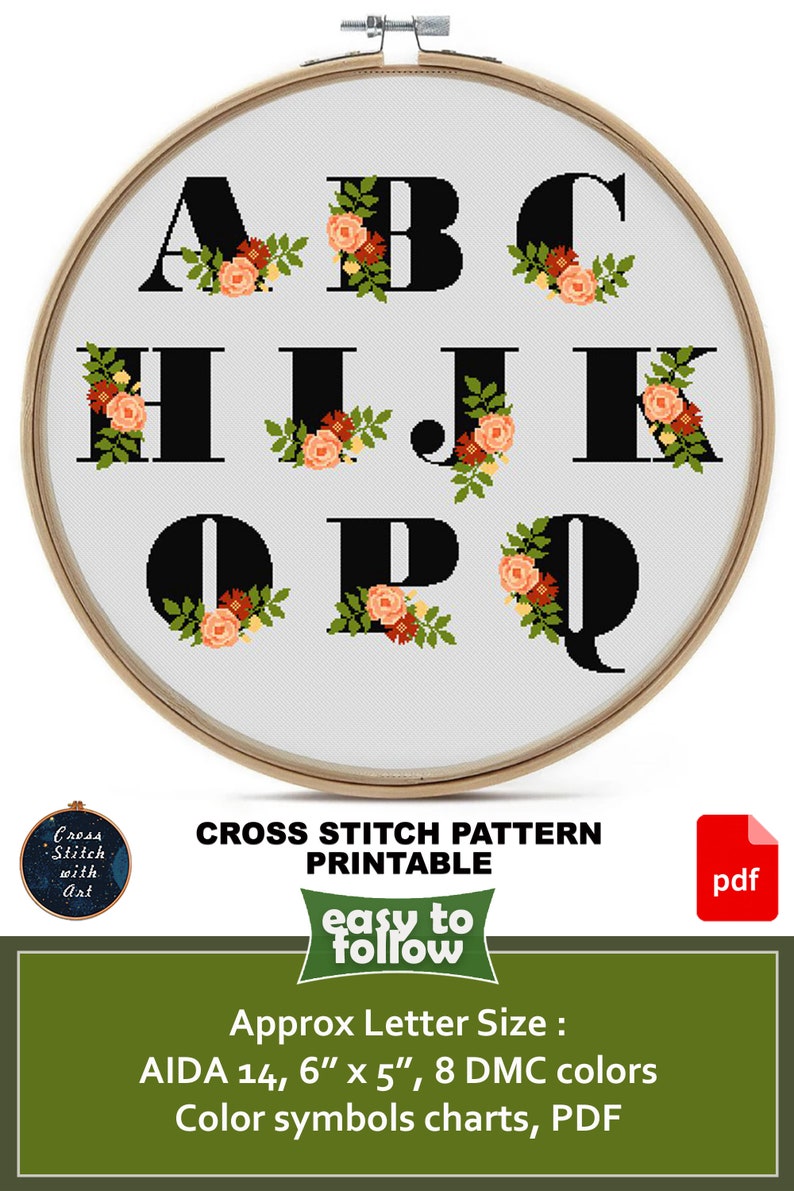Floral Alphabet - Font Cross Stitch Pattern PDF. Monogram Embroidery ...