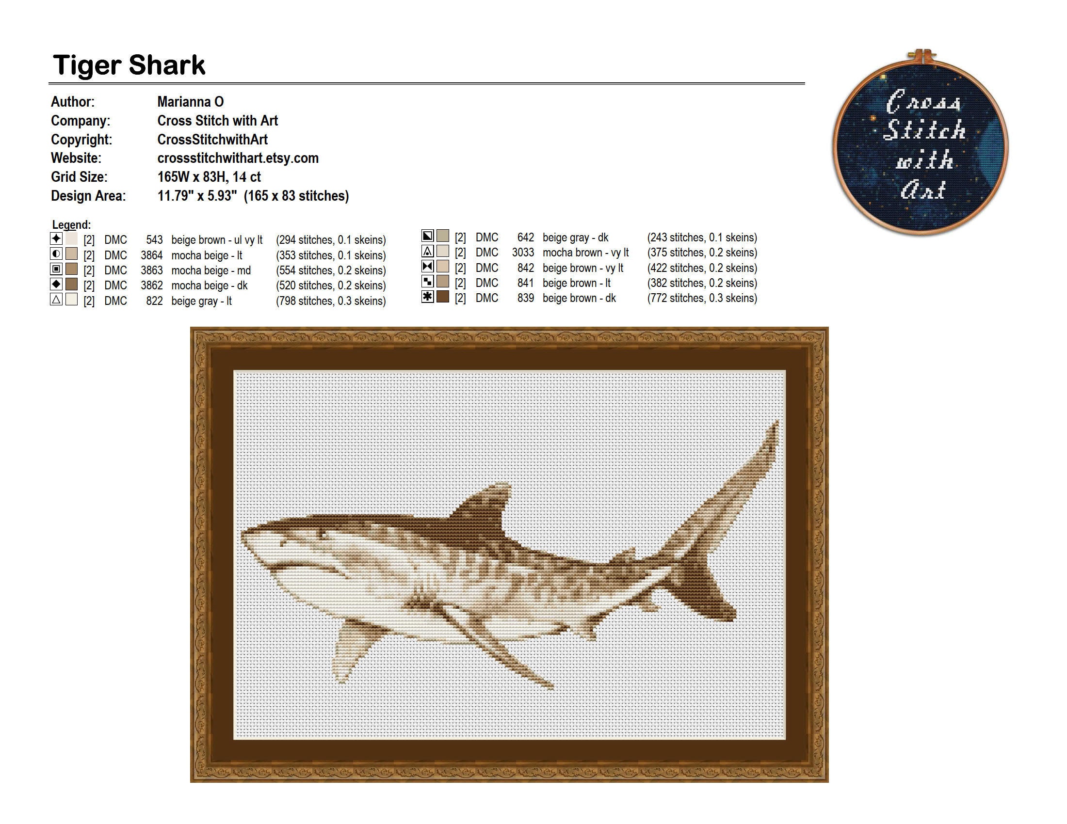 Tiger Shark Cross Stitch Pattern. Fish Cross Stitch PDF, Nautical Cross ...