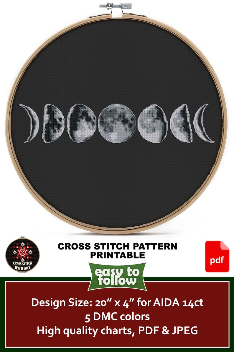Moon Phases Cross Stitch Pattern: Lunar Nature Embroidery (PDF Download ...