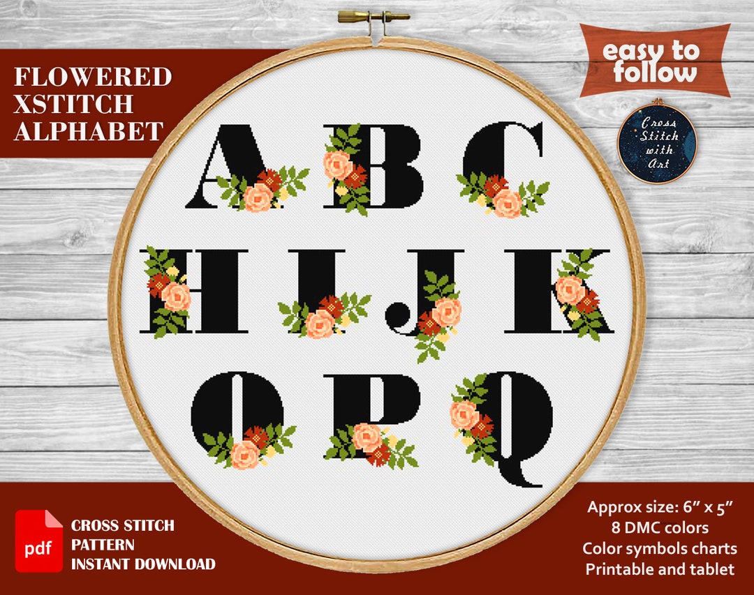 Flower Alphabet Cross Stitch Pattern Text, Font Cross Stitch PDF. ABC ...