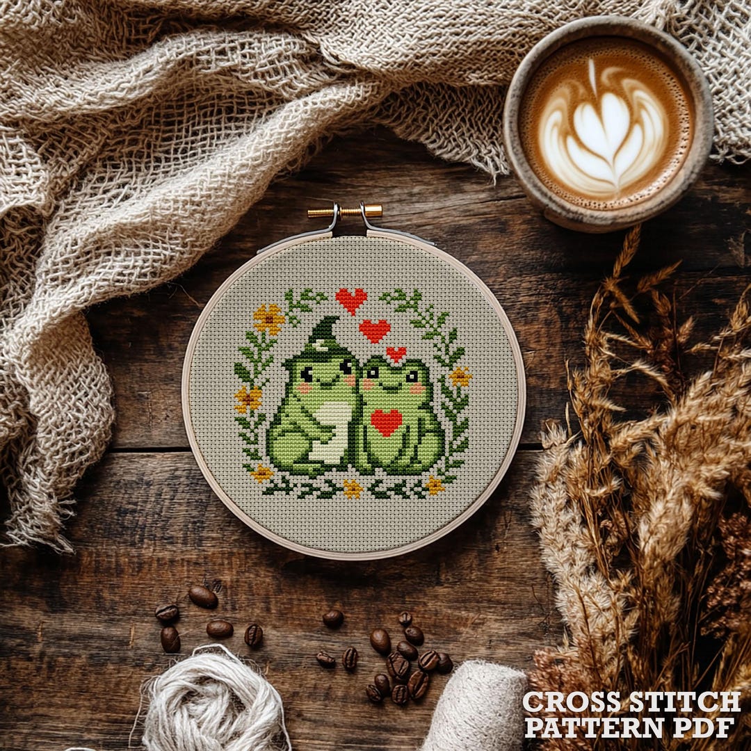 Frogs in Love Cross Stitch Pattern, Cute Toads Cottagecore Embroidery ...