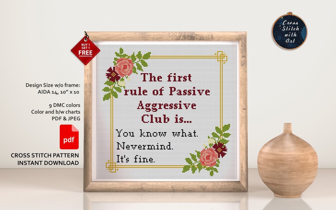 The First Rule of Pas*ive Aggressive Club Cross Stitch Pattern. Snarky ...