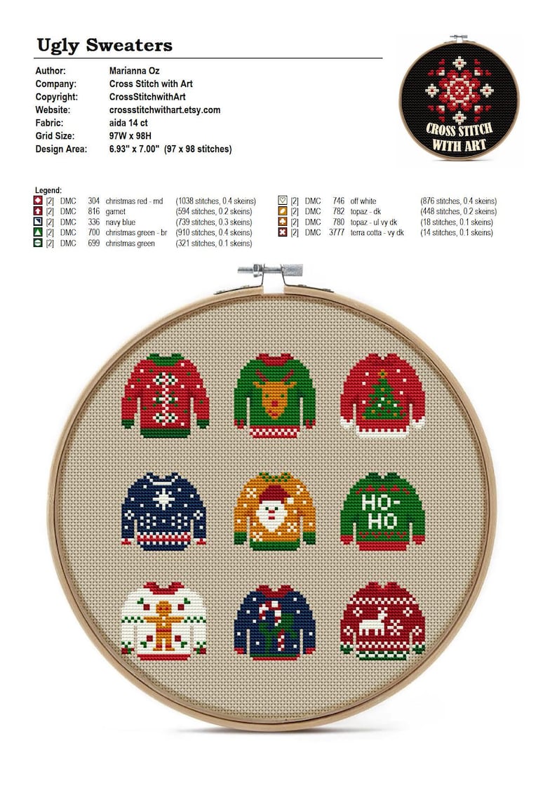 9 Mini Ugly Christmas Sweater Cross Stitch Ornament Patterns PDF - Etsy