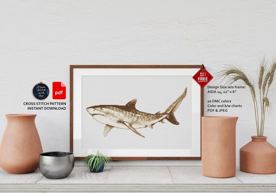 Tiger shark cross stitch pattern. Fish cross stitch PDF | Etsy