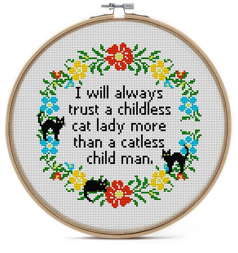 Childless Cat Lady Sarcastic Cross Stitch Pattern, Funny Flower Wreath ...