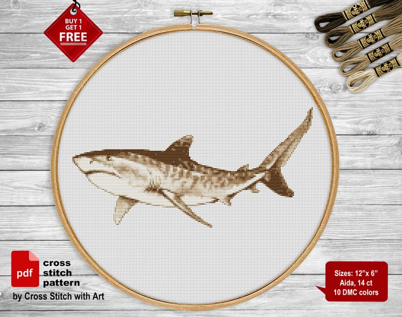 Tiger Shark Cross Stitch Pattern. Fish Cross Stitch PDF, Nautical Cross ...