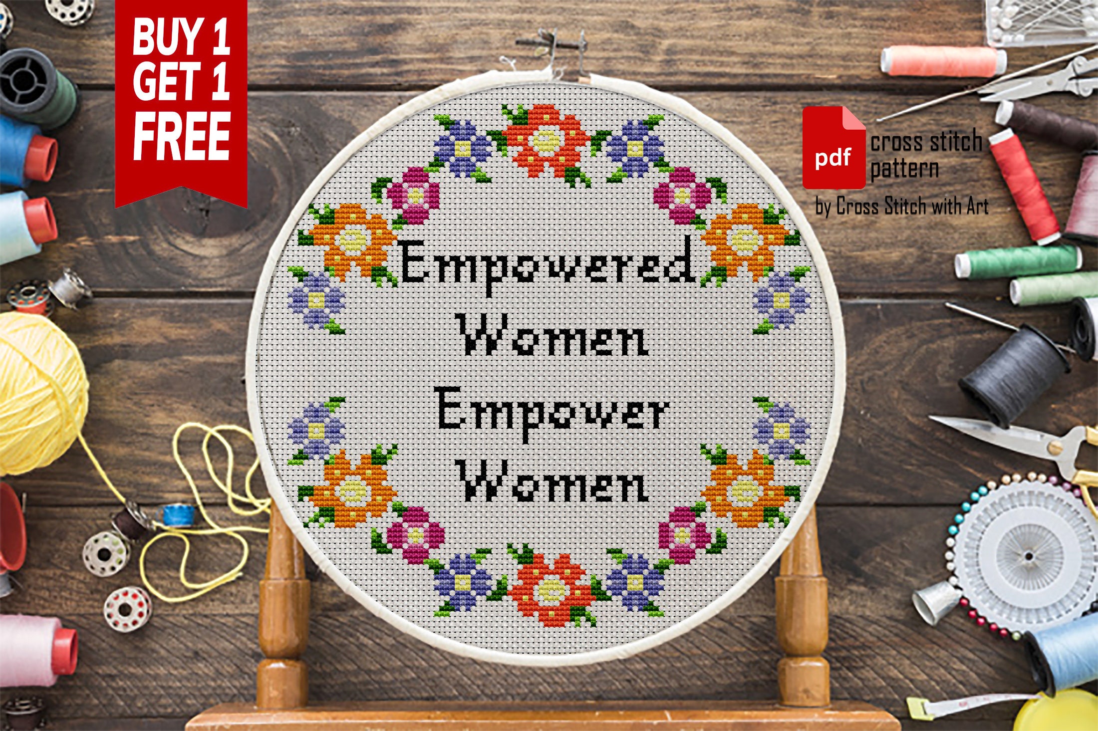 Home Improvement Feminist gift girl power Counted cross stitch roses ...