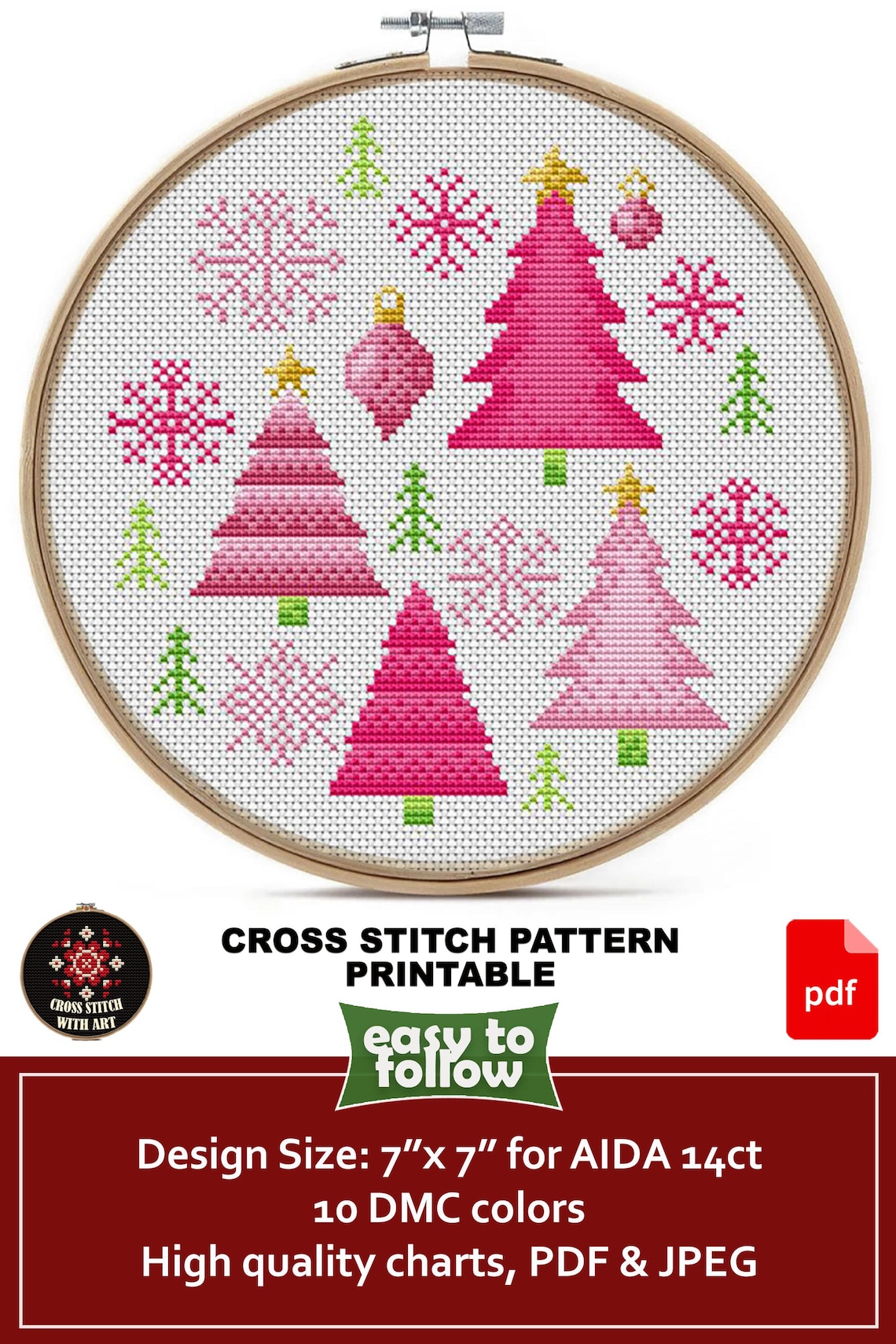 Pinkmas Cross Stitch Pattern PDF - Pink Christmas Tree Cross Stitch ...