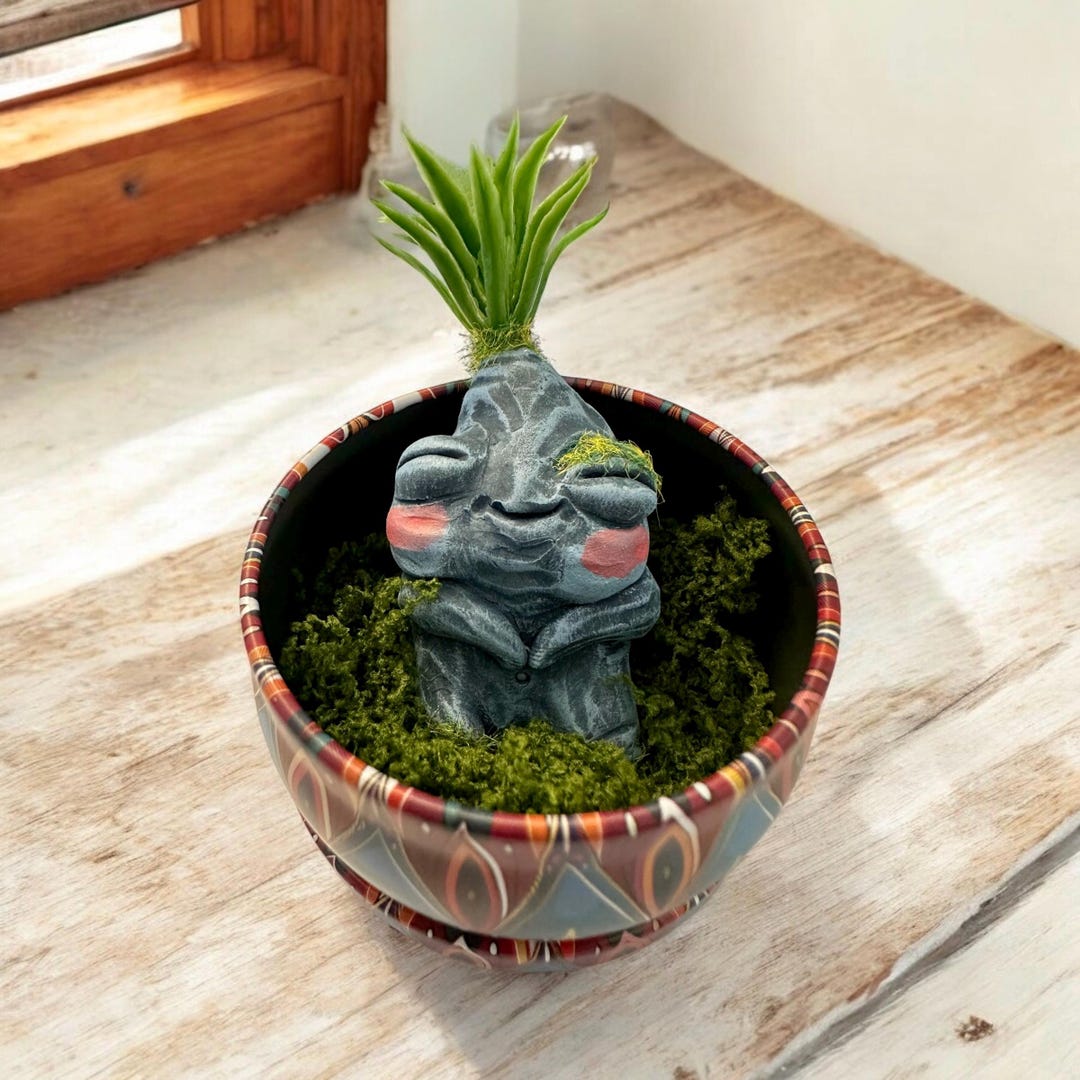 Baby Blue-tinted Palm Mandrake, Hand-carved and Painted, in Its Metal ...