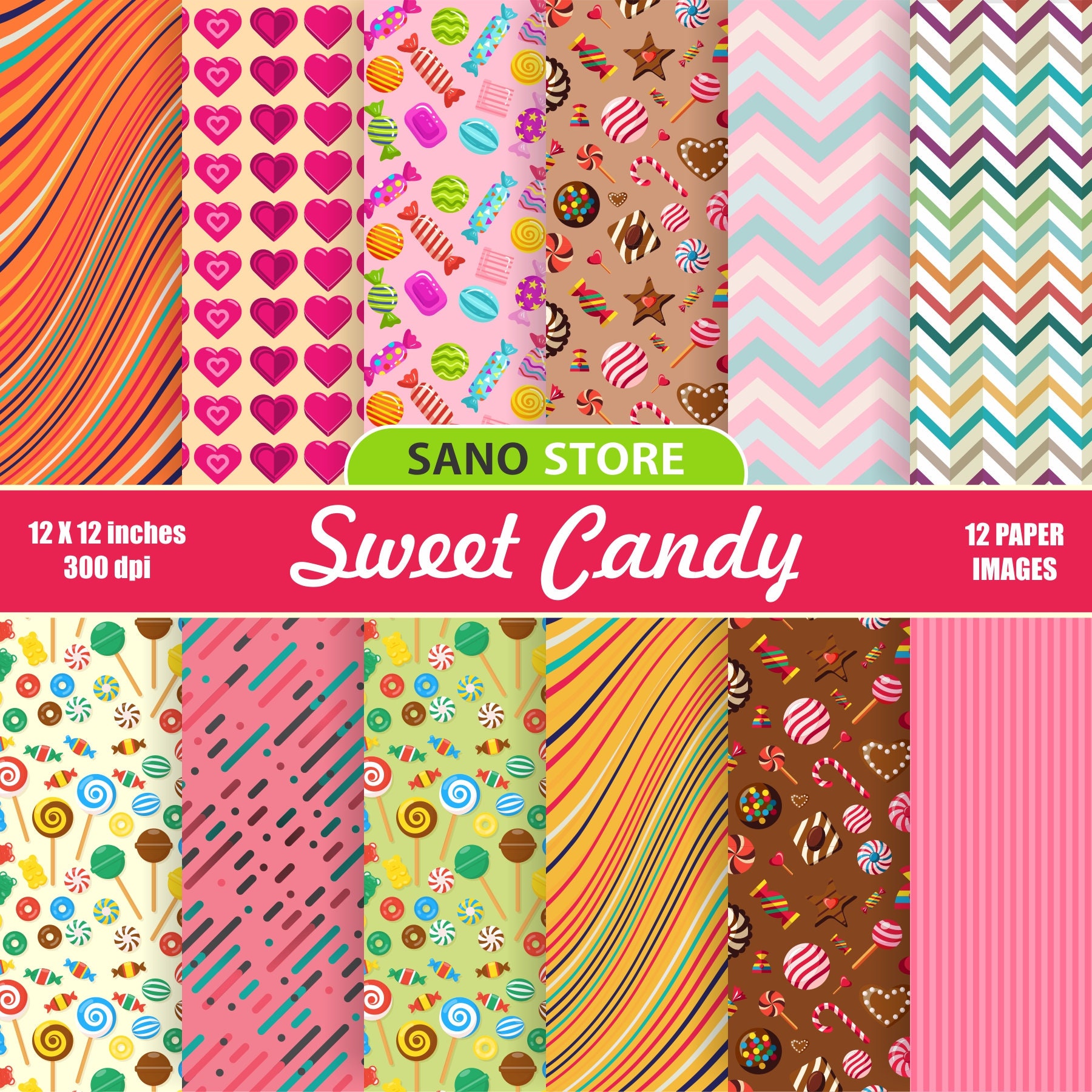 Candy, Sweet, Chocolate,lollipop, Heart, Scrapbook, Digital Paper Pack ...