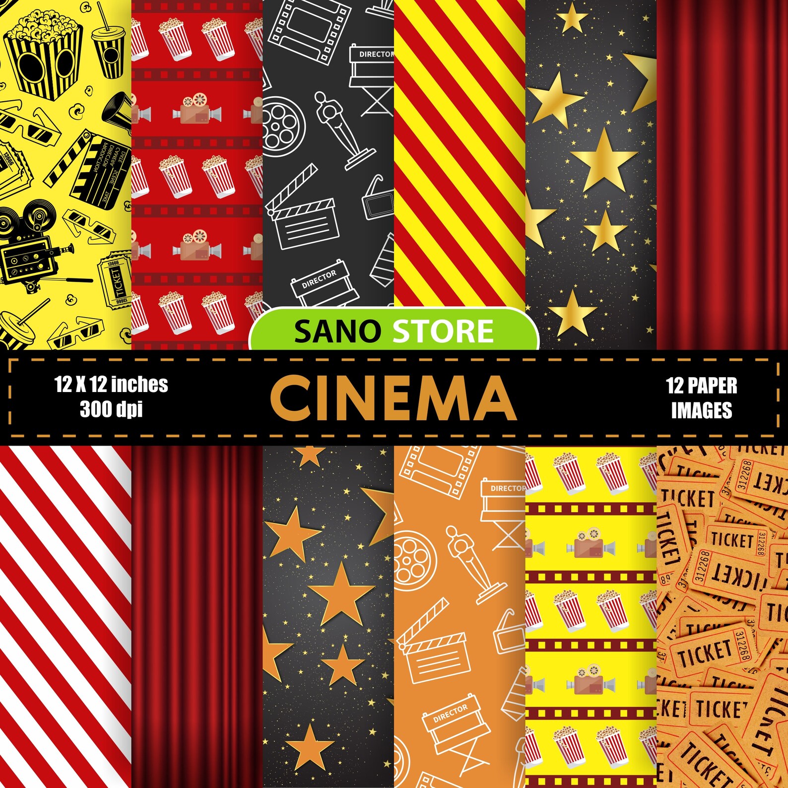 Cinema, Movie, Film,ticket, Popcorn, Hall, Digital Papers Printable ...